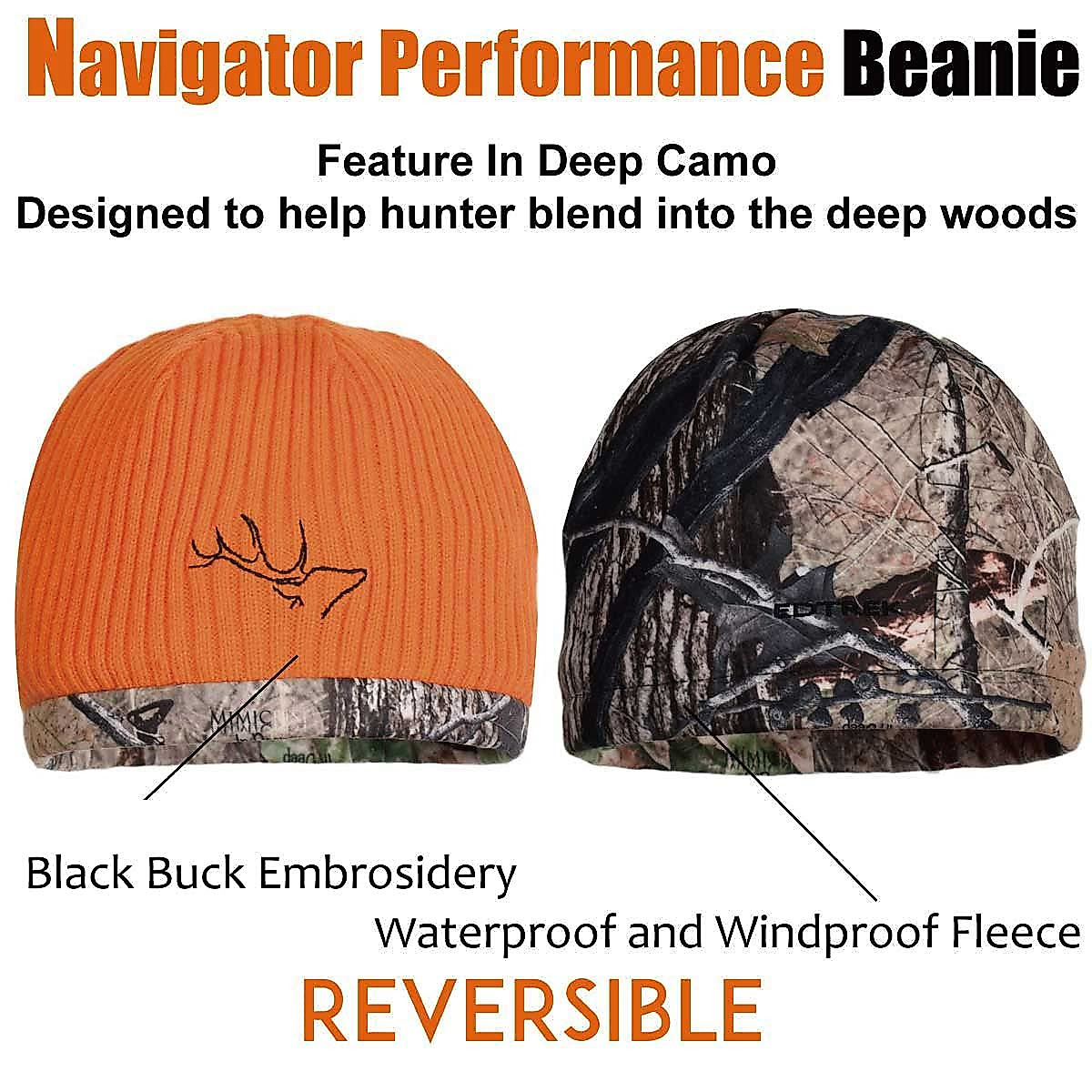 EDTREK Waterproof and Windproof Camo Beanie - Timber and Blaze Orange Camo Performance Hunting Hat (Blaze - in Deep Camo, Large)