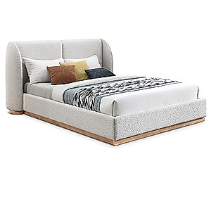 Meridian Furniture JardinCream-Q Jardin Collection Art Deco Queen Bed with Rich Cream Boucle Fabric, Solid Wood Base, Rounded Wing Back Bed, 65.75" W x 90" D x 40.25" H, Cream, Queen