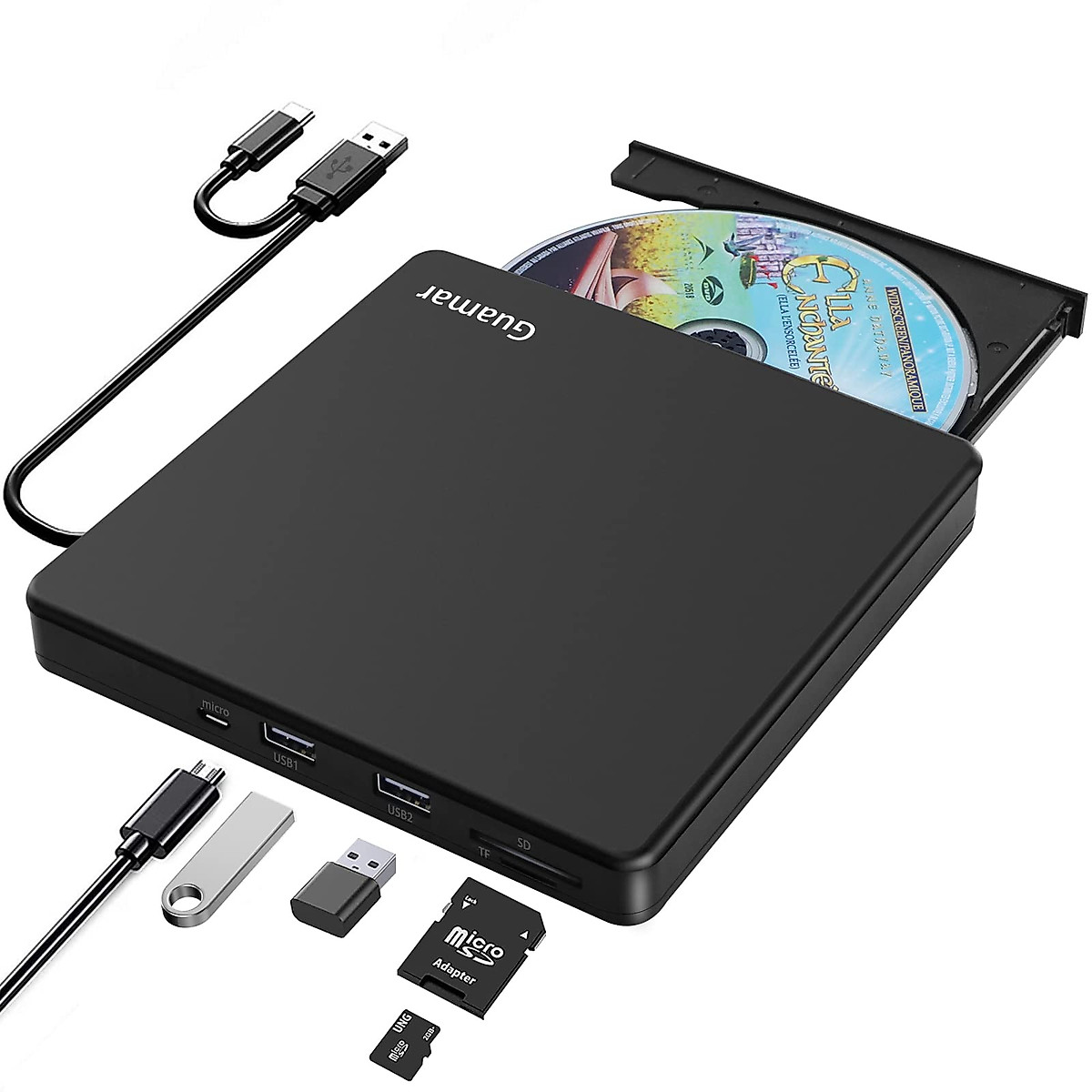 Guamar External CD/DVD Drive for Laptop, CD Burner USB C Portable DVD Player CD ROM Disk Reader with SD TF Slot 2 USB Ports, Optical Disc Drive for PC Mac MacBook Windows Linux