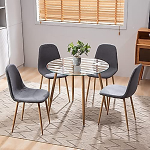 STYLIFING Round Glass Dining Table - Tempered Glass Kitchen Table Dining Room Table - Modern Small Round Dining Table for 4 with Wood Printed Transfer Metal Leg Coffee Dinner Table for Living Room