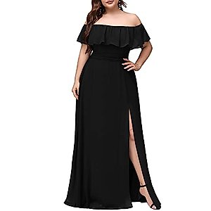 Ever-Pretty Women's Off Shoulder Ruffle Sleeves Side Split Chiffon Plus Size Semi Formal Dresses for Women Black US24
