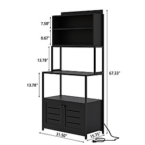Furniouse 5-Tier Kitchen Bakers Rack with Power Outlet, Industrial Microwave Oven Stand with Shelves, Kitchen Utility Storage Shelf with Cabinet, Standing Kitchen Storage Rack,Black