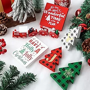 Christmas Decor, Christmas Decorations Indoor, 9PCS Christmas Tiered Tray Decor, Christmas Table Decorations with Christmas Train Set, Farmhouse Home Room Kitchen Mantle Decor