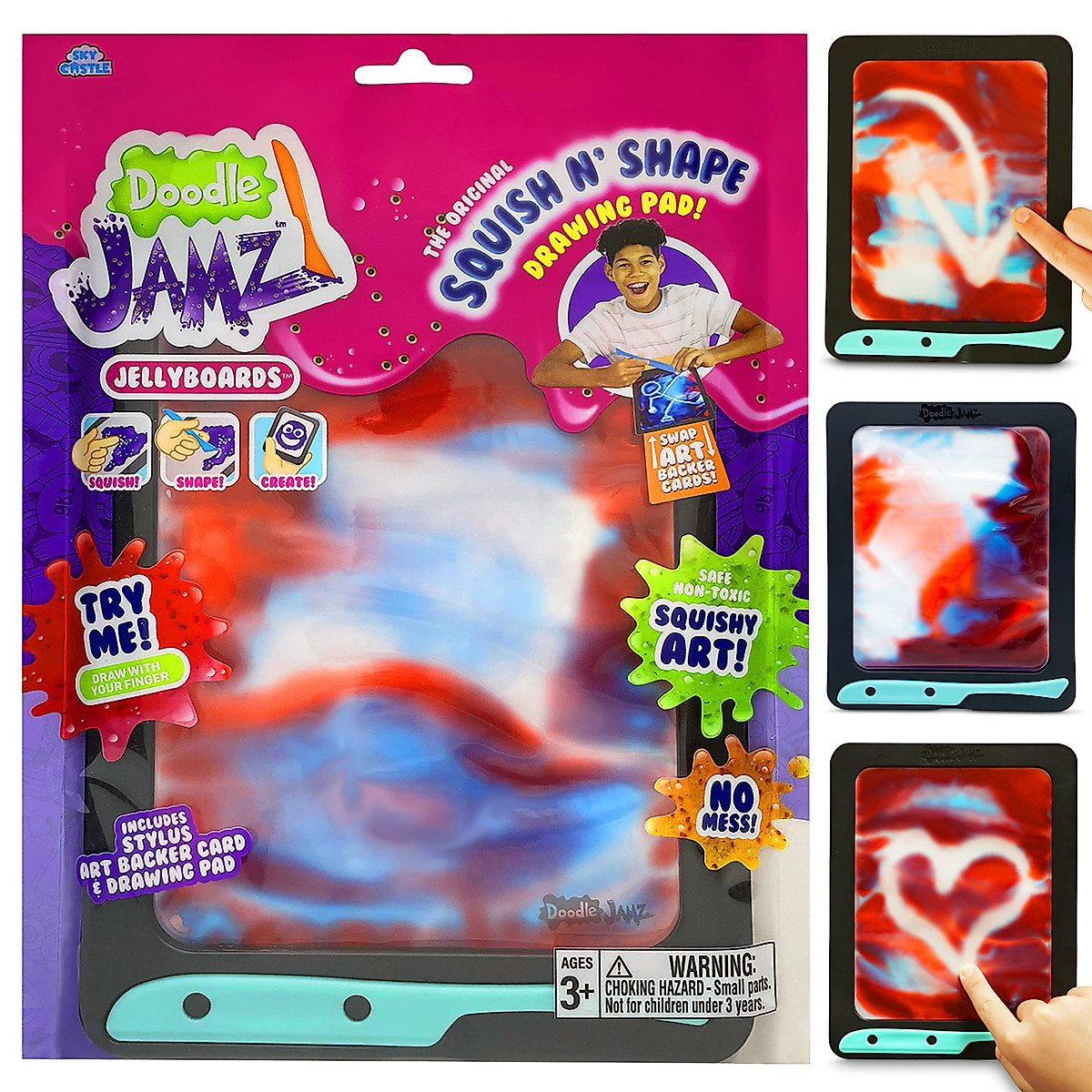 Sky Castle DoodleJamz JellyBoards — Squishy Drawing Pads Filled with Non-Toxic Sensory Gel – No-Mess Fidget Art – ASMR – Re-usable for Endless Artistic Creations (Blue and Red Gel)