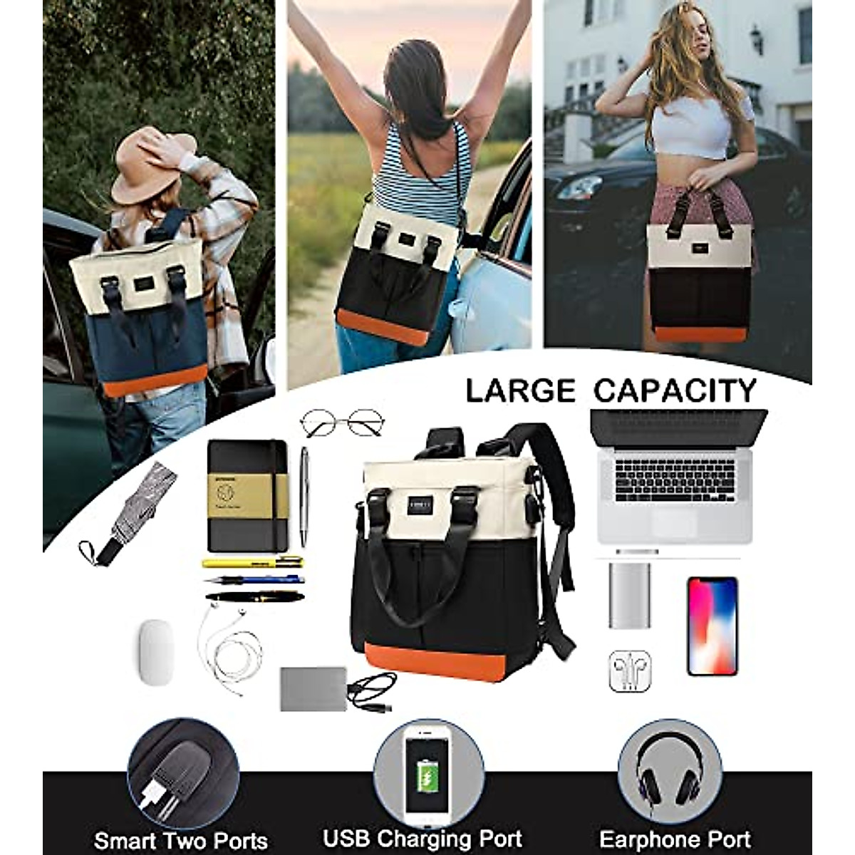 COMELY 4-in-1 Laptop Backpack Casual Daypack Crossbody Bag Leight Weight Tote Purse for Daily Work College, 16A-Black