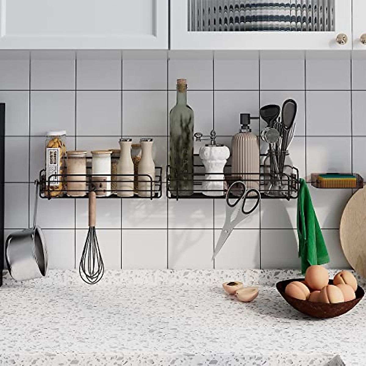 2-Pack Adhesive Shower Caddy With 4 Magic Hooks and 1 Pack Soap Dishes, No Drilling Rustproof Stainless Steel Eaeregs Shower Organizer for Inside Shower & Kitchen Storage(Matte Black Round wire style)