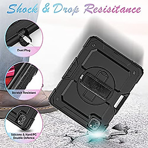 iPad Pro 11 Case, iPad Air 5th/4th Gen Case 2022/2020 with [Tempered Glass Screen Protector], [Kid Proof] BASE MALL Tablet Protective Case, Pencil Holder,Rotating Kickstand,Hand/Shoulder Strap (Black)