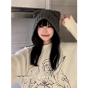 Fairy Grunge Beanie Y2K Bear Ears Hat Crochet Slouchy Hat Winter Warm Knitted Alt Headwear Accessories (Gray,54-58cm)