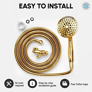 ShowerMaxx, Luxury Spa: ImperialShine Gold Hand Held Shower Head, 5 inch 6 Spray Settings Handheld Showerhead with Extra-Long Hose, Experience Comfort and Elegance (Polished Brass/ImperialShine Gold)