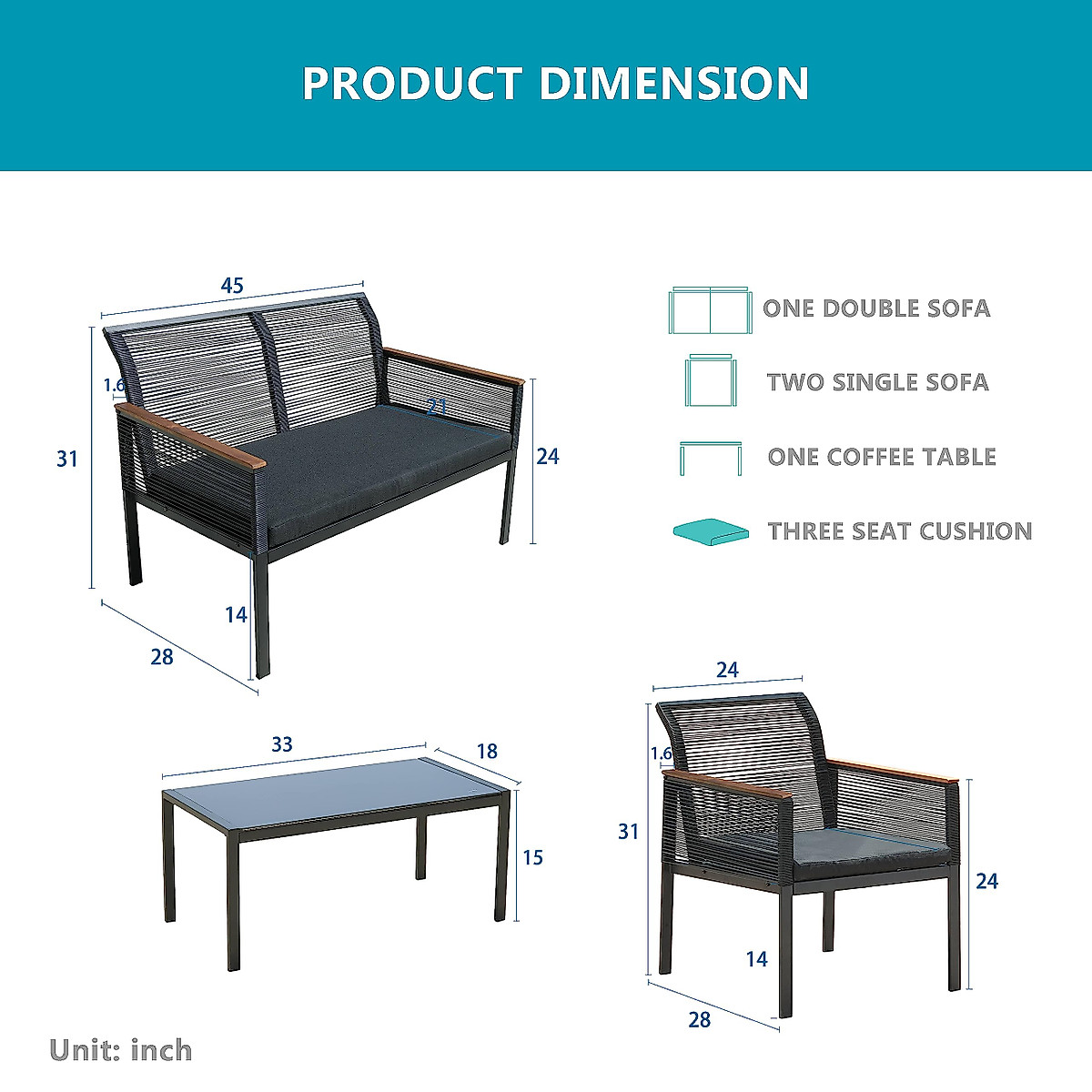 Suntone Patio Furniture Sofa Set - Wicker Patio Conversation Set (4 Piece)