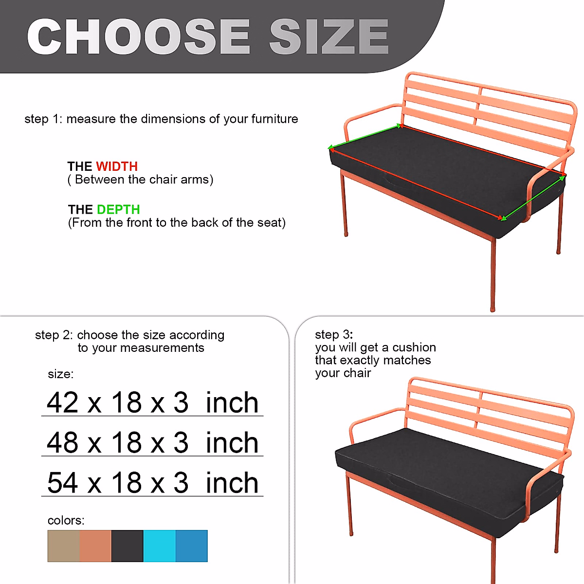 Pcinfuns Outdoor Bench Cushions,48 x 18 x 3 Inch Patio Furniture Water-Resistant Chair Cushion,Loveseat Garden Sofa Settee Couch Swing Pads with Handle and Adjustable Straps,Black