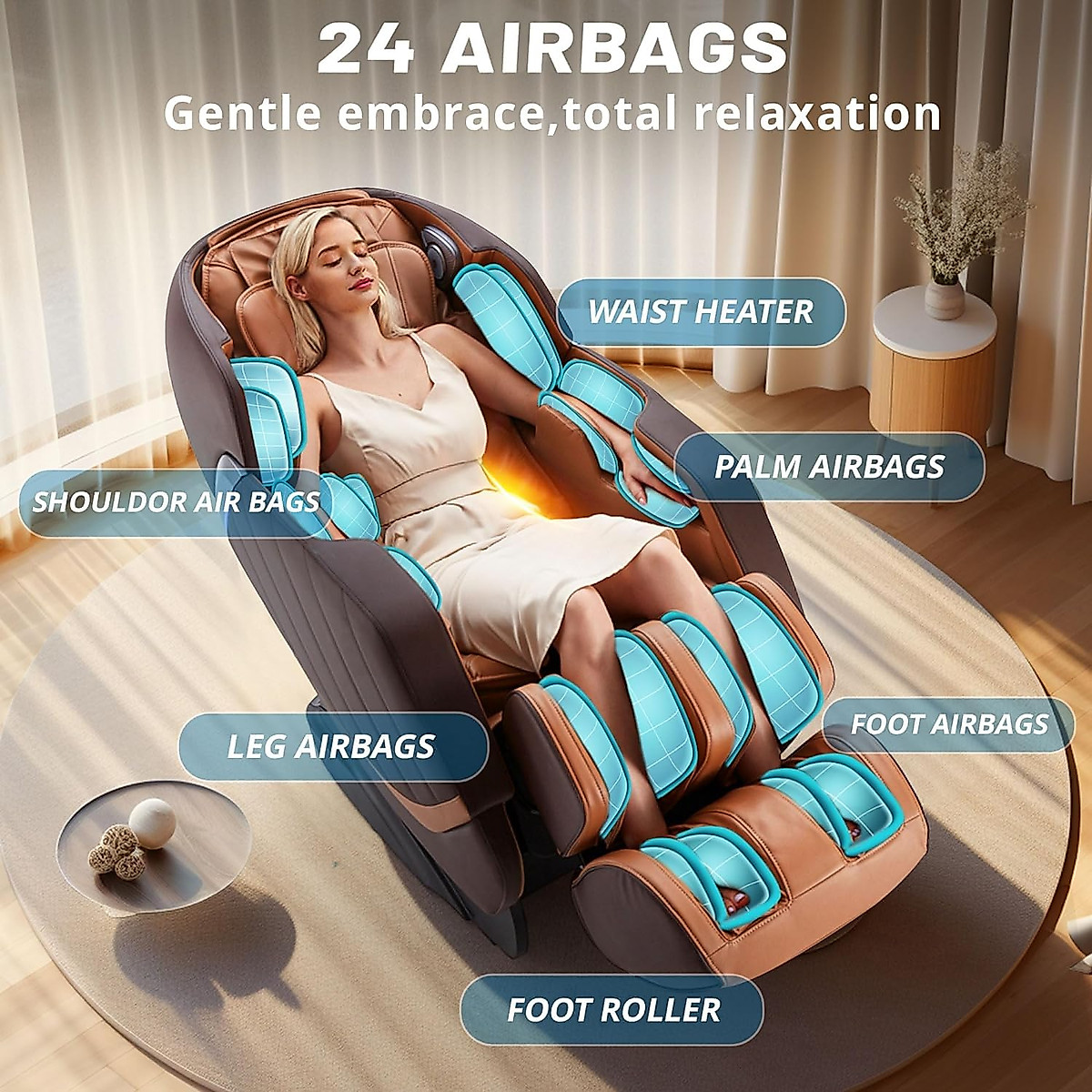 HealthRelife Massage Chair Zero Gravity, Full Body Recliner with Heat Air Pressure SL Track Airbags, Shiatsu Foot Roller Massage Thai-Stretch Bluetooth Speaker, Brown