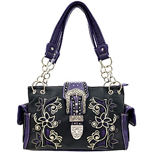 Justin West Floral Tooled Leather Studs Rhinestone Silver Buckle Concealed Carry Purse Handbag (Purple)