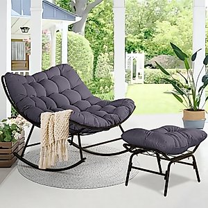 PORWEY Patio Rocking Papasan Chair, Outdoor & Indoor Egg Reading Recliner Chair, Oversized Royal Comfy Lounge Rocker with Large Cushion and Ottoman for Bedroom, Living Room, Porch, Gray