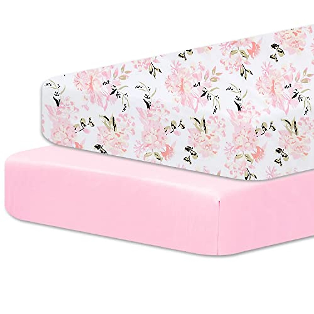 Pack N Play Sheets, 2 Pack Mini Crib Sheets Fits Standard Size 38" X 26" Playard Mattress, Soft and Stretchy, Playard Fitted Sheet, Pink Floral & Solid Pink