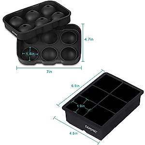 Ice Cube Tray, Large Square Ice Tray and Sphere Ice Ball Maker with Lid for Whiskey, Reusable and BPA Free (Silicone Ice Cube Molds Set of 2)