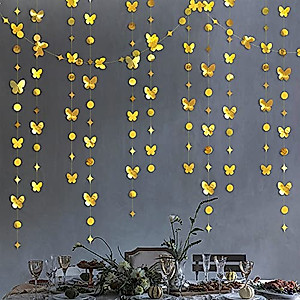 40 Ft Gold Butterfly Garland Metallic Paper Hanging Polka Dots Star Butterflies Streamer Banner for Spring Engagement Wedding Bridal Shower Baby Shower Bachelorette Birthday Party Decorations Supplies