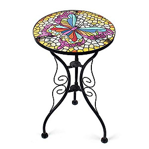 LIFFY Outdoor Mosaic Side Table - Butterfly Round End Table - Small Patio Side Table - Glass Garden Side Table for Yard,Lawn