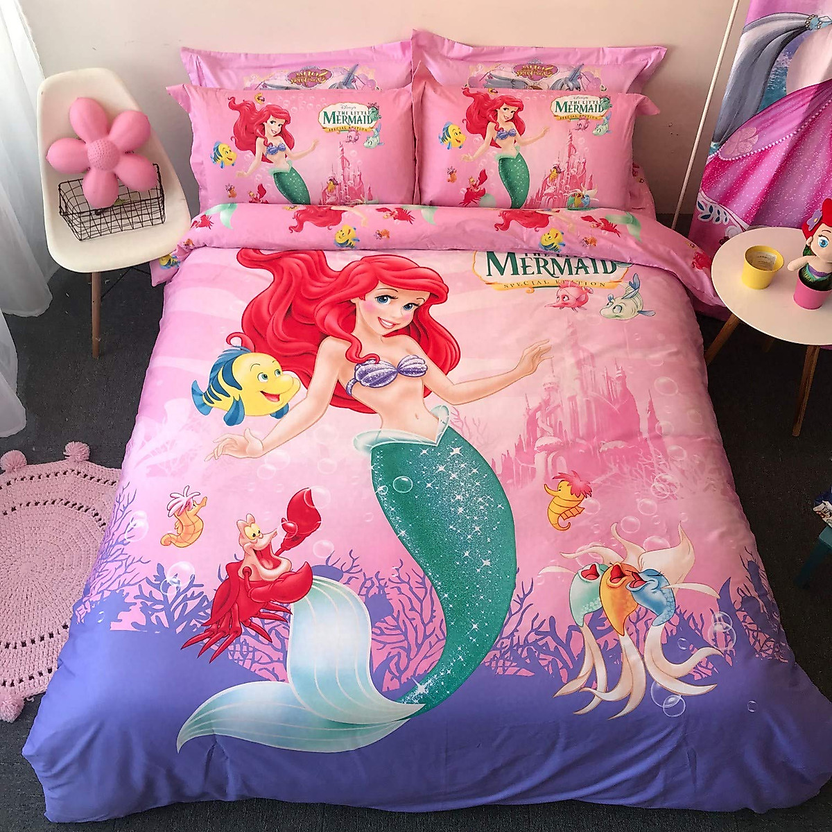 CASA 100% Cotton Kids Bedding Set Girls Mermaid Ariel Duvet Cover and Pillow Cases and Fitted Sheet,4 Pieces,Full