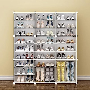 XUANIIIL Portable Shoe Rack Organizer with Door, 72 Pairs Shoe Storage Modular Cabinet, Plastic Adjustable Box Shelves Stackable Detachable DIY Standing Shelf Rack (3 * 12-Tiers)