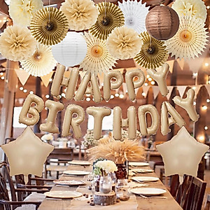 Brown Birthday Party Decorations Rustic Natural Birthday Tan Brown Ivory Paper Fans Paper Pom Poms Flowers Happy Birthday Foil Balloons for Baby Shower Woodland Teddy Bear Birthday Party Decoration