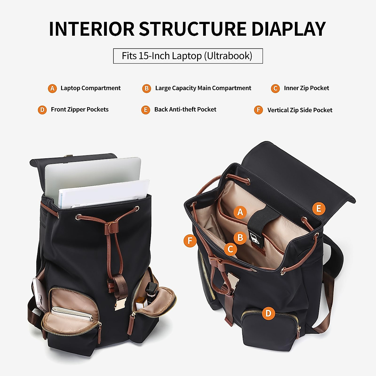 GOLF SUPAGS Laptop Backpack for Women College Computer Bag Work Travel Backpack Purse Fits 15 Inch Notebook (Black)