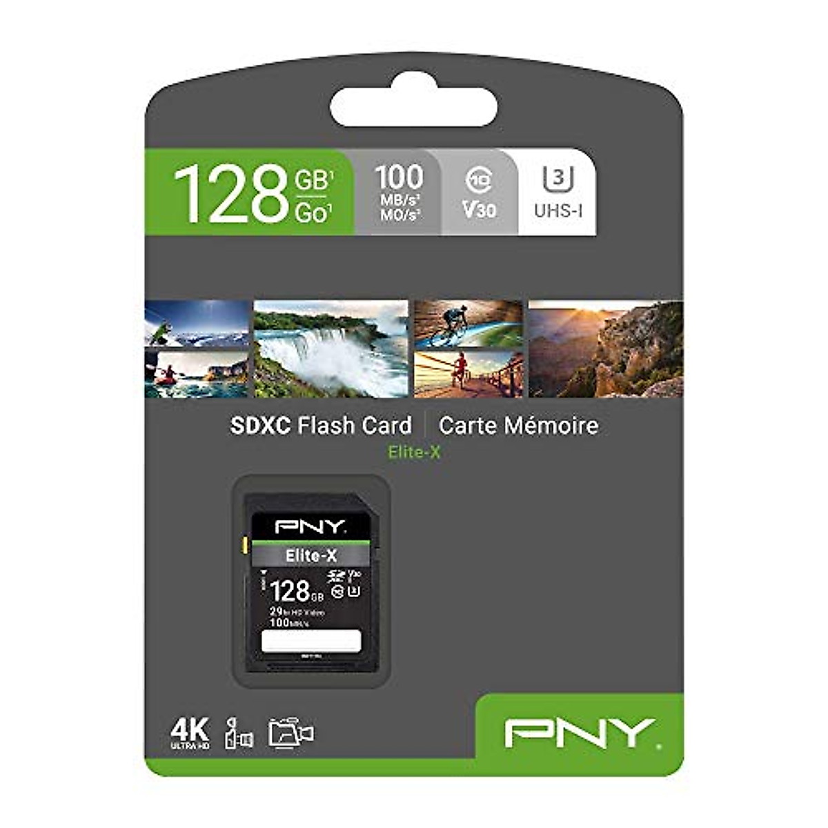 PNY 128GB Elite-X Class 10 U3 V30 SDXC Flash Memory Card - 100MB/s, Class 10, U3, V30, 4K UHD, Full HD, UHS-I, Full Size SD