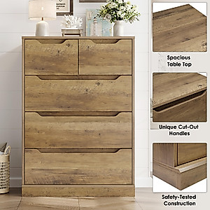 HOSTACK Modern 5 Drawer Dresser for Bedroom, Chest of Drawers with Storage, Wood Storage Chest Organizers with Cut-Out Handles, Accent Storage Cabinet for Living Room, Entryway, Hallway, Rustic Brown