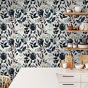 MuralPeel Dark Blue/Yellow Leaf Floral Peel and Stick Wallpaper Vintage Easy Peel Off Self Adhesive Removable Stick on Wall Paper for Kitchen Cabinet Renter Friendly