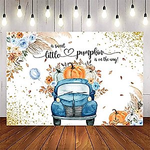 Avezano Blue Pumpkin Baby Shower Backdrop for Boy Boho Fall Baby Shower Decorations Little Pumpkin Truck Banner Thanksgiving Autumn Newborn Baby Shower Party Background(7x5ft)
