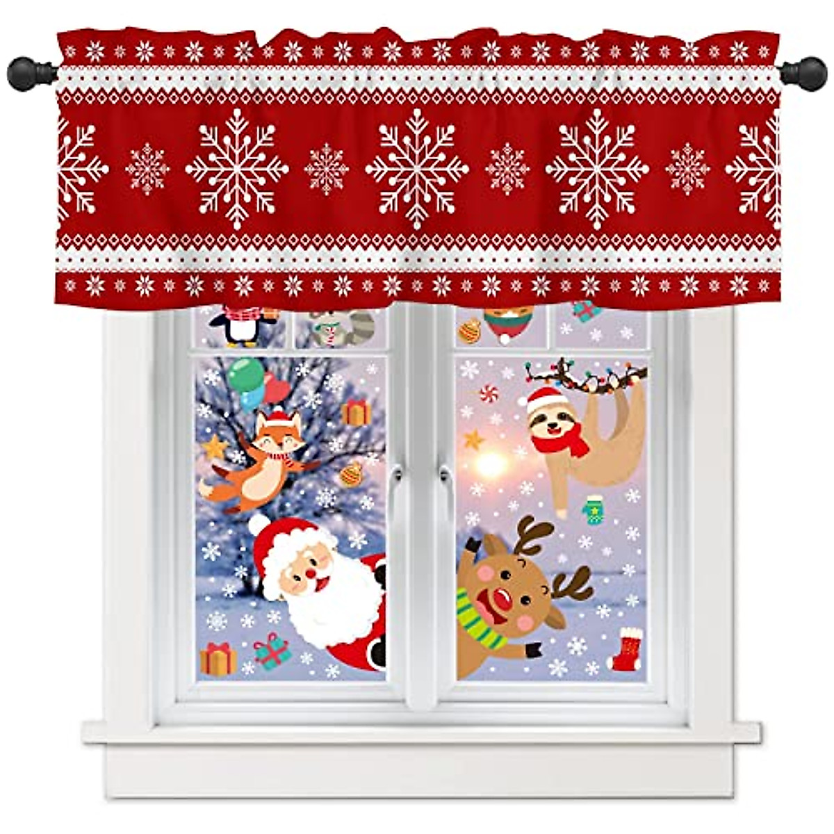 Millxiu Christmas Kitchen Curtain Valance 42x12 inch Merry Christmas White Snowflake Red Backdrop Window Valance for Kitchen and Bathroom,Rod Pocket Short Valances Window Treatment