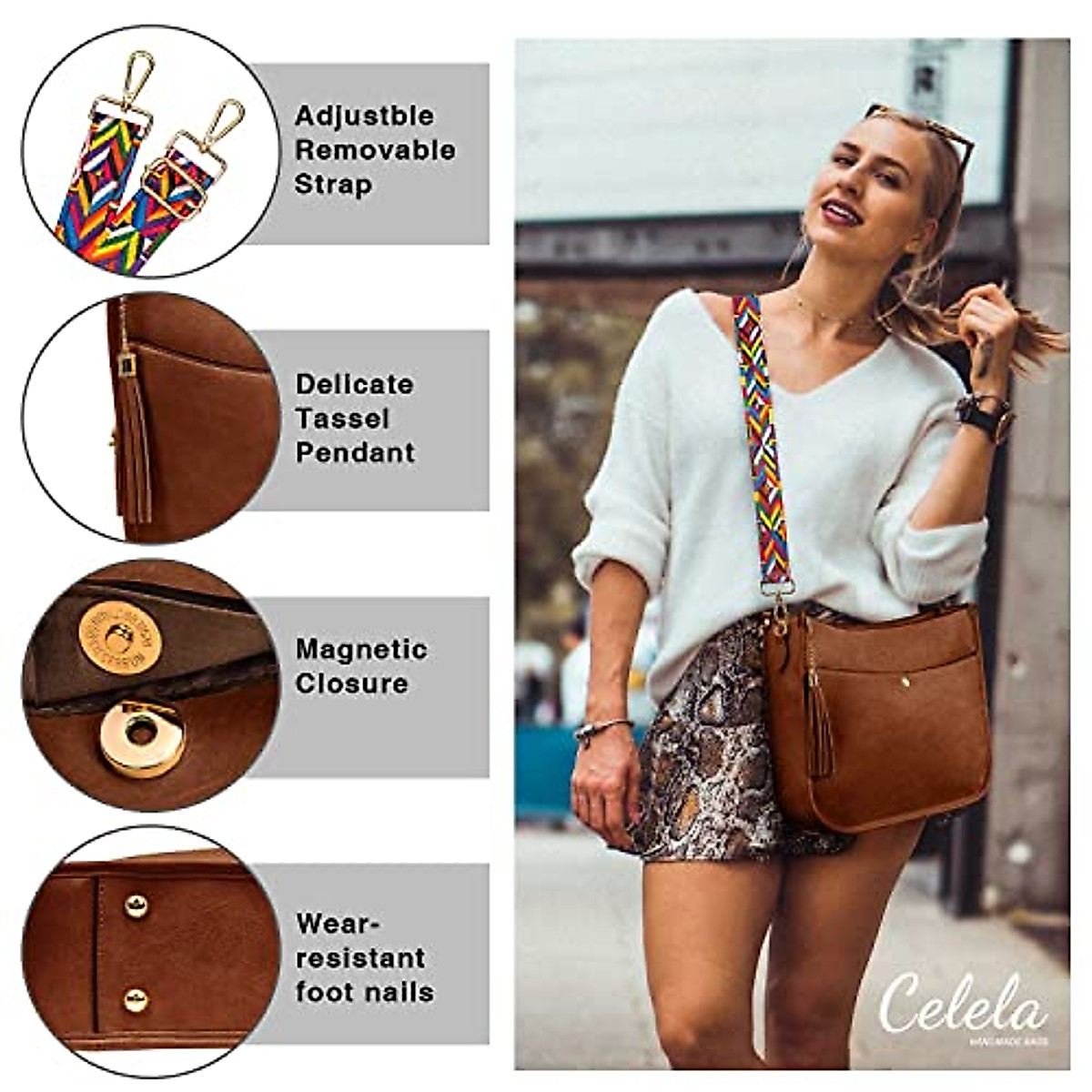 CELELA Crossbody Bags for Women Vegan Leather Shoulder Bucket Cross-body Purse with Guitar Strap Replacement Tassel(Bown)