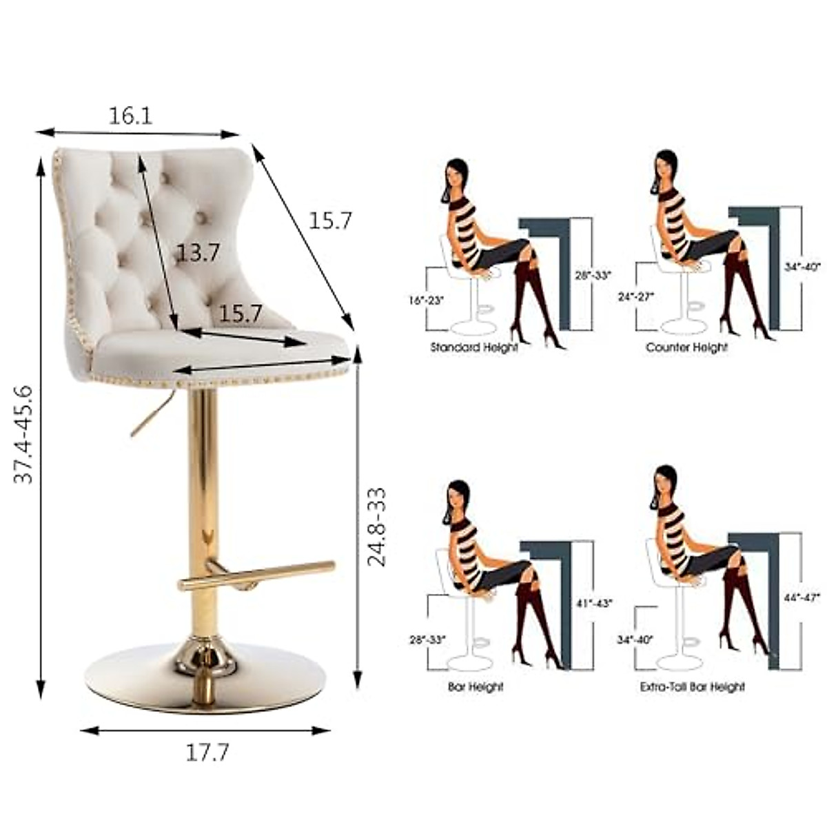 Aoowow Swivel Bar Stools Set of 2,Adjustable Barstools with Back Velvet Tufted Counter Stool Modern Upholstered Bar Chairs with Nailhead for Kitchen Island Restaurant Pub Counter (Beige-Gold)