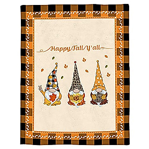 Flannel Fleece Throw Microfiber Blanket Super Soft Cozy Blanket Thanksgiving Happy Fall Y'all Gnome with Pumpkins Lightweight Fuzzy Bedding Fleece Blanket for Couch Sofa Bed-39" x 49"