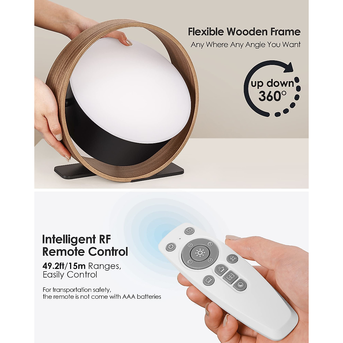 ALBINA Light Therapy Lamp, UV-Free 10,000 Lux Full Spectrum Happy Mood Lamp with RF Remote Control, Wooden Round Frame Sunlight Lamp for Home with Adjustable Color, Brightness, Timer, Memory
