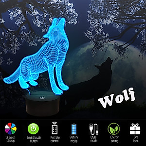 FULLOSUN Wolf Gift 3D Light, Optical Illusion Bedside Night Lamp, 16 Color Changing with Remote Control Creative Room Decor Best Birthday for Kids Boys Men