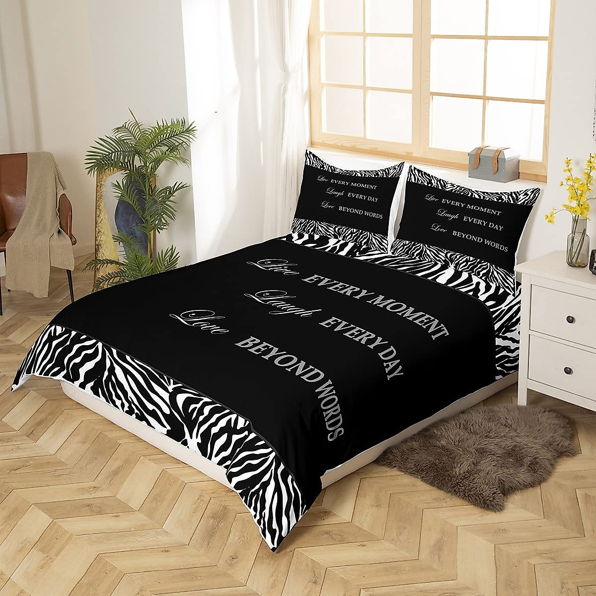 Castle Fairy Zebra Skin Printed Bedding Set,Black and White Comforter Cover Set for Teens Women Room Decor,Live Laugh Love Duvet Cover Breathable Animals Stripes Bedspread Cover Full Size