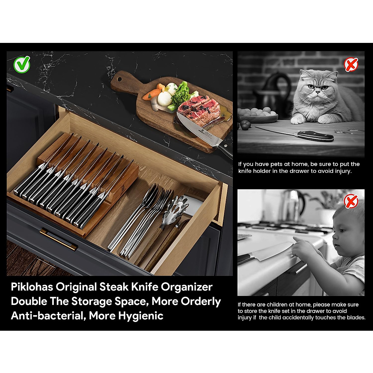 Piklohas Steak Knives Set of 8 with Drawer Organizer, 4.5 Inch Non Serrated Dinner Knife, Forged German Steel Damascus Pattern Straight Edge Meat Knife with Full Tang Handle, Dishwasher Safe, Black