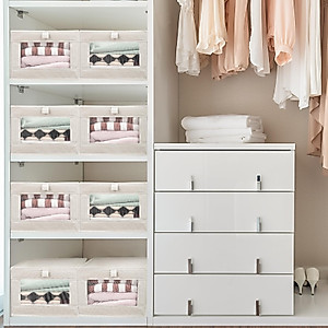 Kigley 8 Pcs Linen Closet Organizers and Storage Foldable Clothing Bins Large Foldable Box with Window Storage Baskets for Closet Shelf Clothes Jeans Toys Organization, Beige