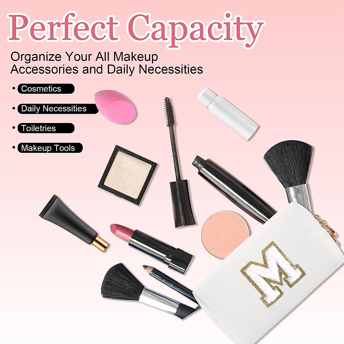 HENGNI Small Personalized Letter Makeup Bag, Cute PU Leather Chenille Letters Cosmetic Bag Travel Makeup Pouch, Preppy Travel Organizer Zipper Pouch for Women&Girls（White-M）