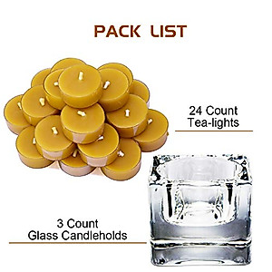24 Count Natural Beeswax Tealights Candle with Glass Candle Holder - Natural Scent, Smokeless, Clear Cup, Clean Burning - Yellow