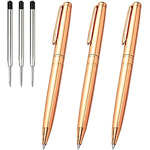 Cambond Ballpoint Pens Black Ink, Metal Pens Stainless Steel Uniform Pens for Gift Business Men Police Flight Attendant, 1.0 mm Medium Point, 3 Pens with Extra 3 Refills, Rose Gold