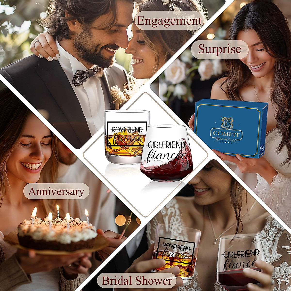 comfit Engagement Gifts for Couples - Fiance Fiancee Engagement Gift Wine Whiskey Glass, Engaged Gifts for Boyfriend,Girlfriend,Couples Newly Engaged