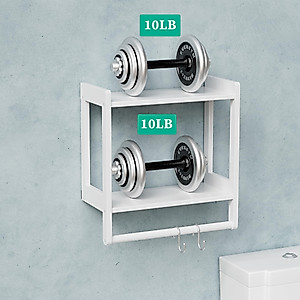 ADREMAN Bathroom Shelf Wall, Over The Toilet Storage Shelves Bamboo Bathroom Shelf Organizer Floating Wall Mounted with Hook and Hanging Rod for Bathroom,Kitchen,Toilet,Living Room (White)