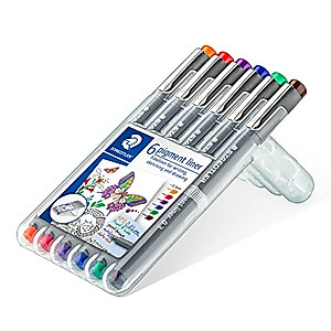STAEDTLER 30803-SSB6 Pigment Liner Pens - Assorted Colours, 0.3 mm (Set of 6)