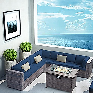 Gotland 15 Piece Outdoor Patio Furniture Set with Gas Fire Pit Table Patio Furniture Sectional Sofa w/43in Propane Fire Pit, 55,000 BTU Auto-Ignition Firepit w/Glass Wind Guard…