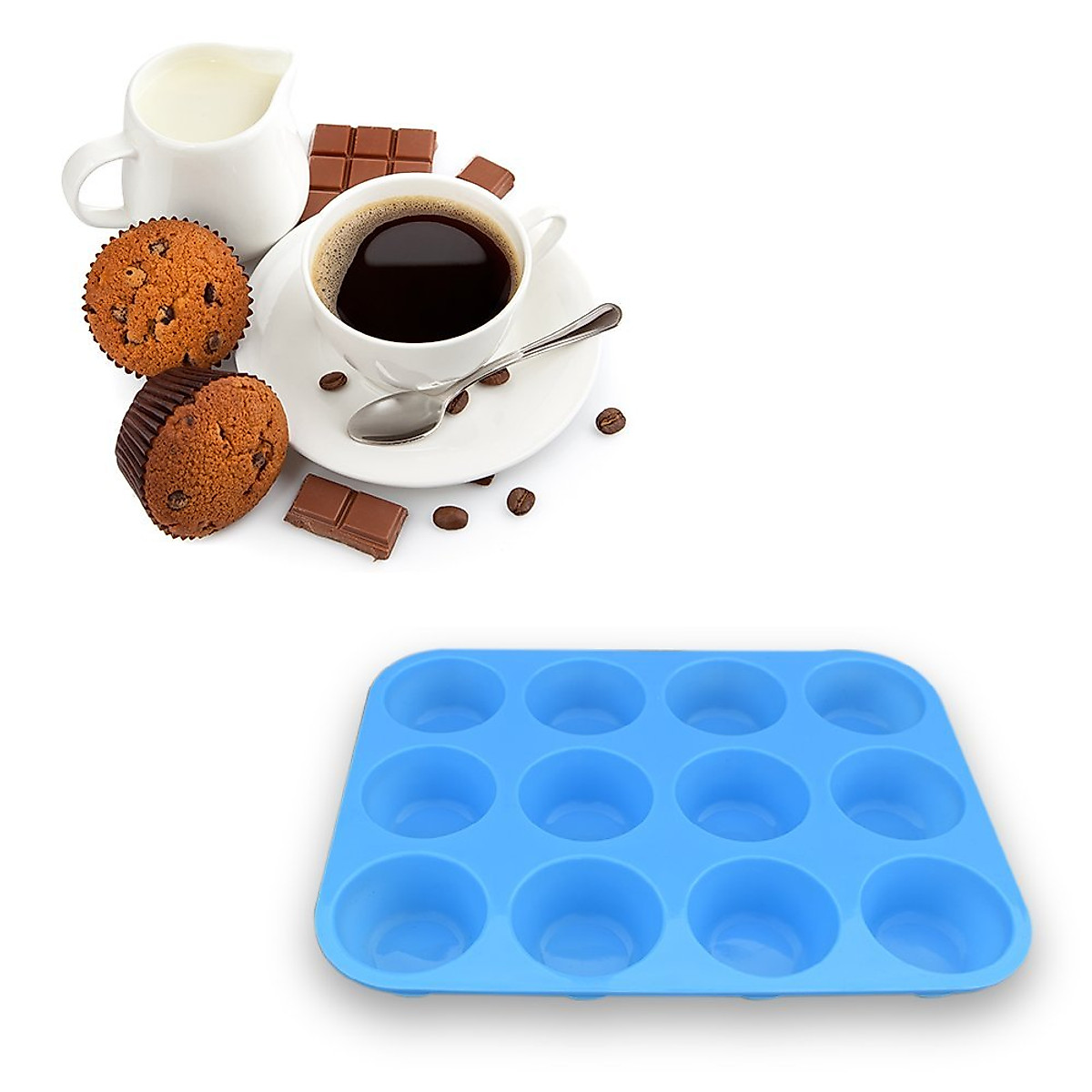 homEdge 12-Cup Silicone Muffin Pan, Pack of 3 Non-Stick Muffin Molds, Baking Pan for Cupcake, Tarts, Egg Bites-Blue