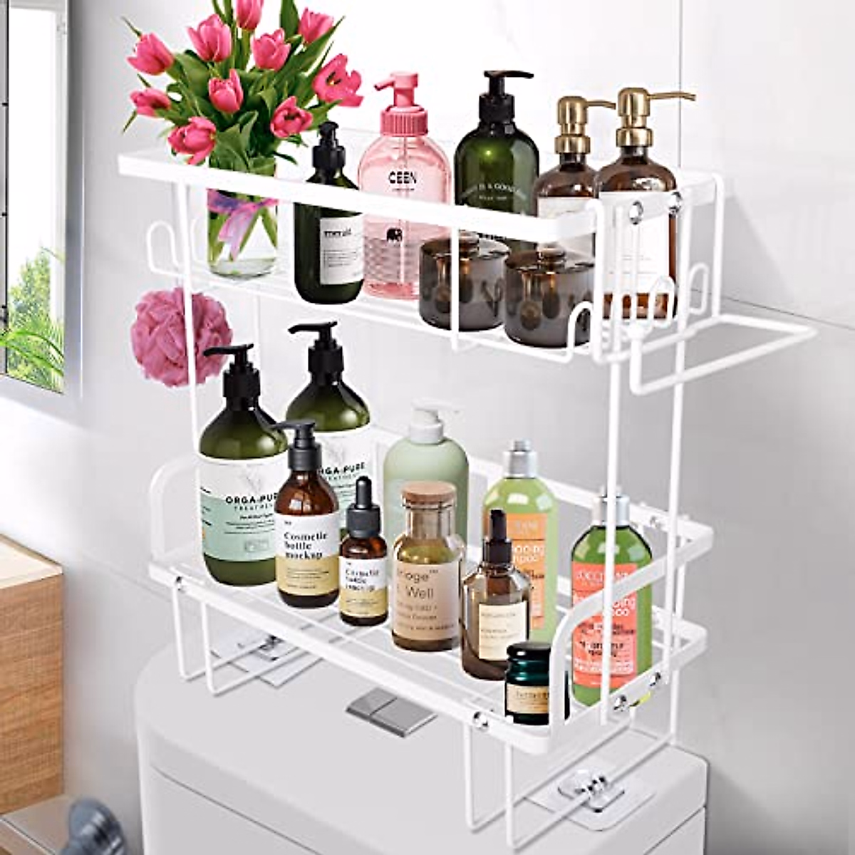 Over The Toilet Storage Shelf,2-Tier Space Saver Bathroom Storage Organizer Shelves,Multifunctional Iron Rack with Toilet Paper Holder & Hanging Hook,No Drilling Wall Mounted Restroom Holder(White)