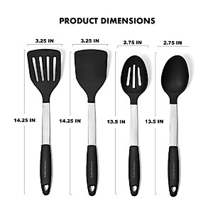 Daily Kitchen Utensil Set Silicone and Stainless Steel - Heat Resistant Cooking Utensils for Non Stick Cookware - Silicone Spatulas and Spoons for Cooking, Baking, Fried, Mixing, Serving - 4-Piece Set
