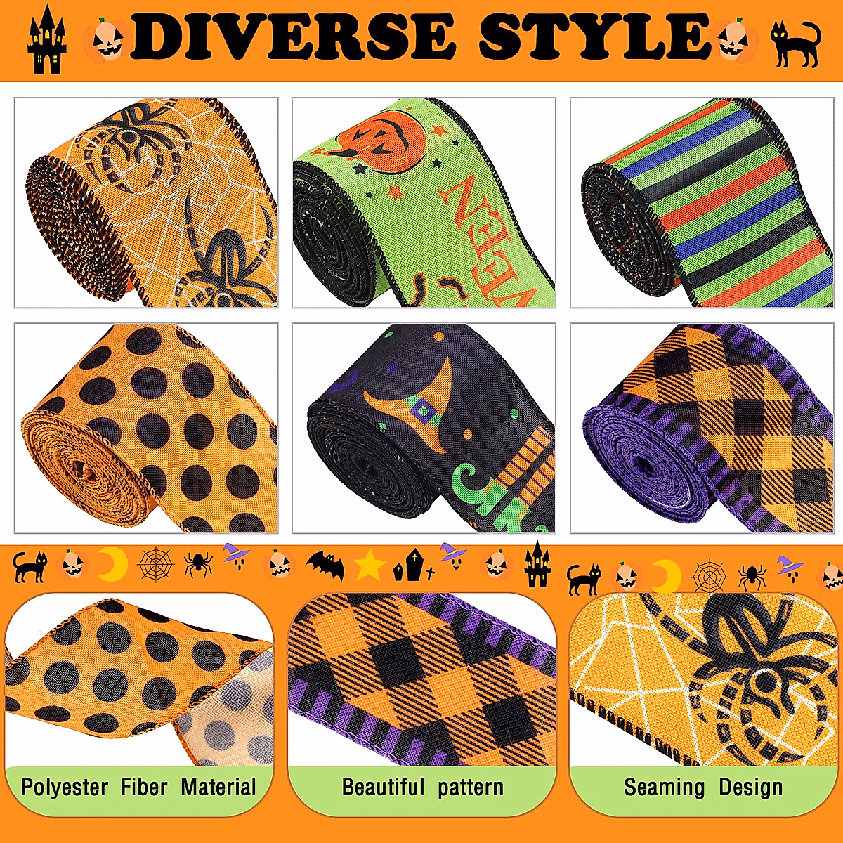 6 Rolls 30 Yards Halloween Wired Edge Ribbons Stripe Burlap Printed Ribbon Spider Web Pumpkin Ribbon Happy Halloween Decorative Wrapping Ribbon for Halloween DIY Craft Floral Bow